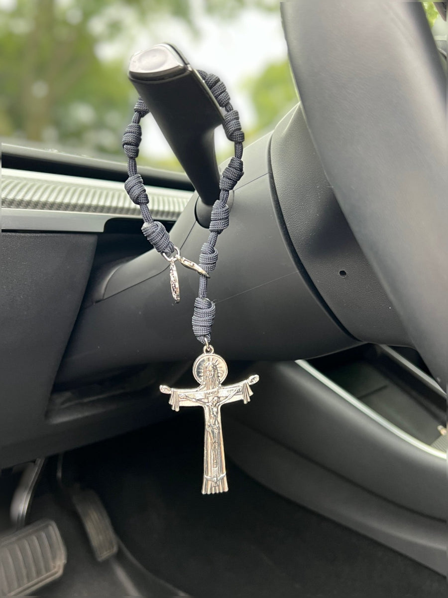 Trinity Crucifix Rearview Mirror Rosary - Knots of Grace